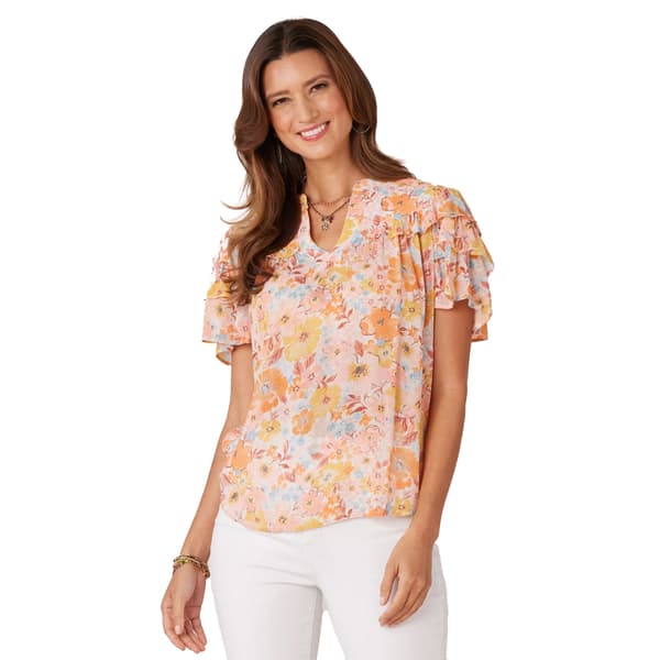 Petite Democracy Triple Flounce Short Sleeve Floral Woven Blouse - Boscov's