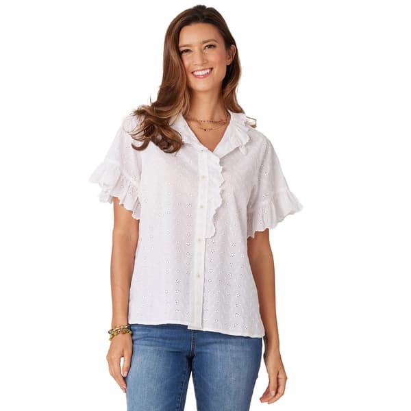 Plus Size Democracy Eyelet Short Flounce Sleeve Blouse - Boscov's