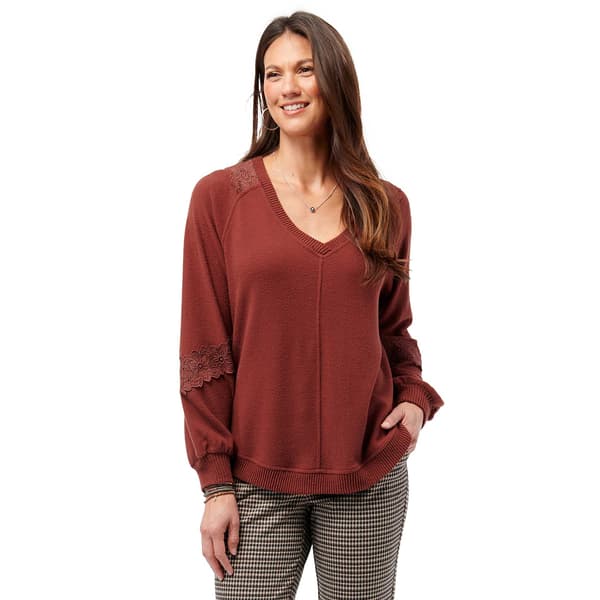 Womens Democracy Long Blouson Sleeve Lace Insets V-Neck Sweater - Boscov's