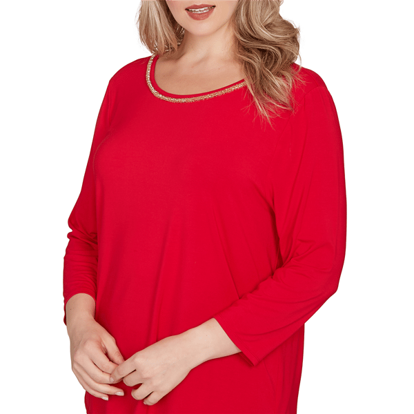 Plus Size Ruby Rd. Red Allure Gold Stitch 3/4 Sleeve Blouse - Boscov's