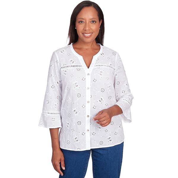 Petite Alfred Dunner In Full Bloom Eyelet Button Down Blouse - Boscov's
