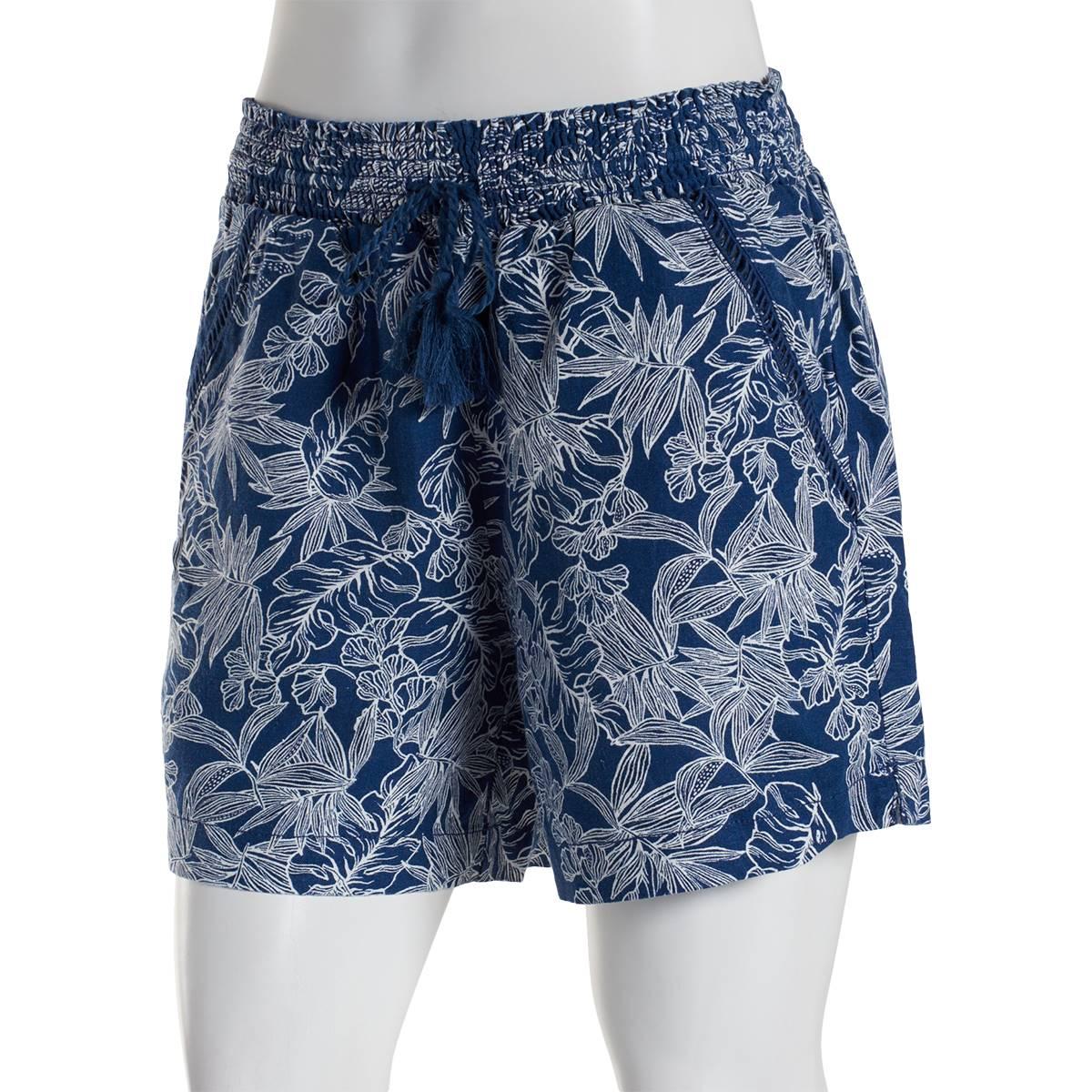 Click here for Womens Briggs Navy Leaf Linen Shorts w/Smock Detai... prices