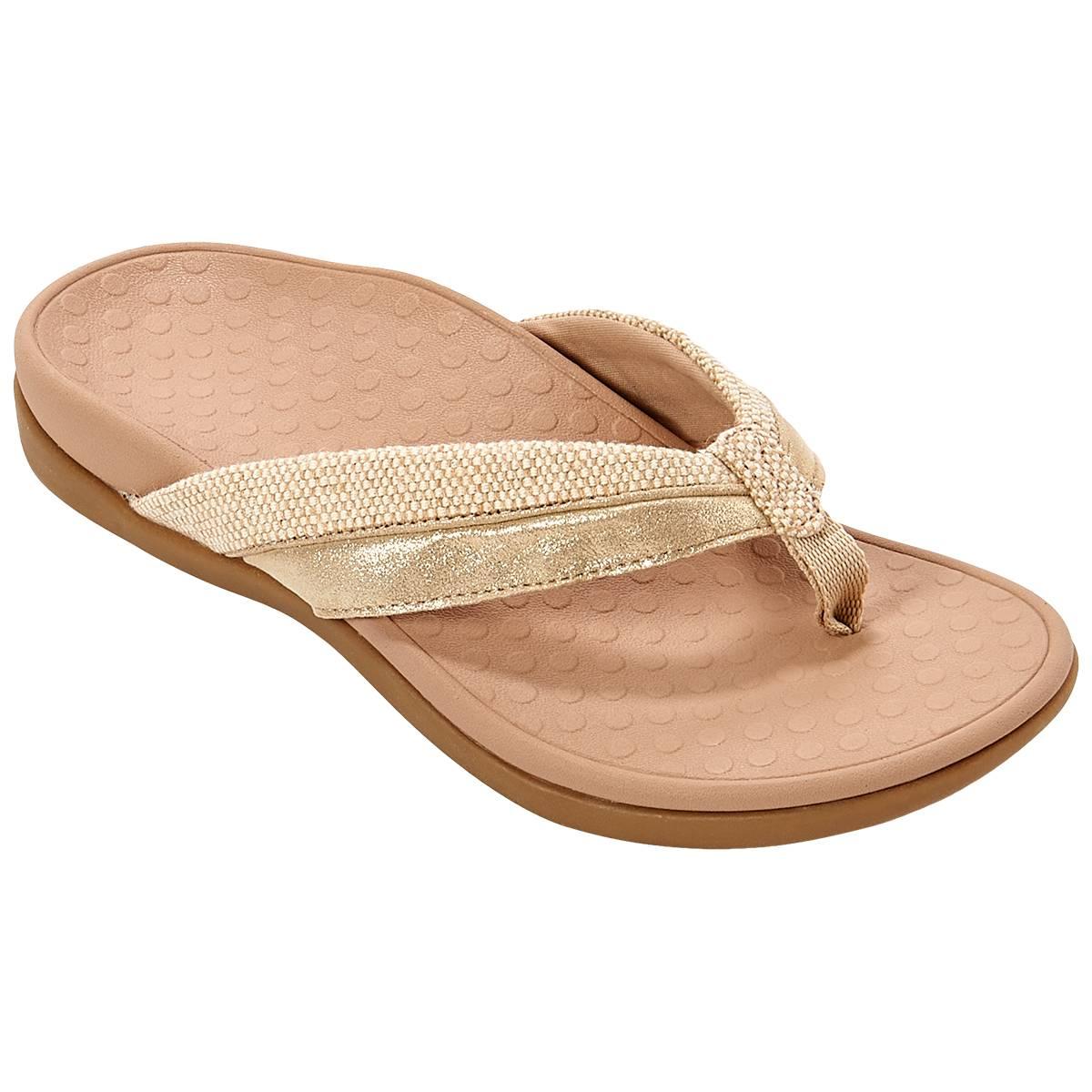 Vionic Womens Shore Thong Sandals - Beige  gold leather / canvas