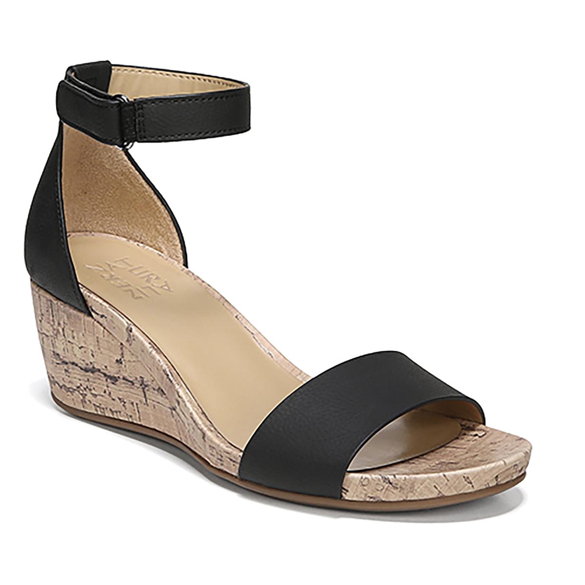 Naturalizer Womens Areda Ankle Strap Wedge Sandals - Black Faux Leather