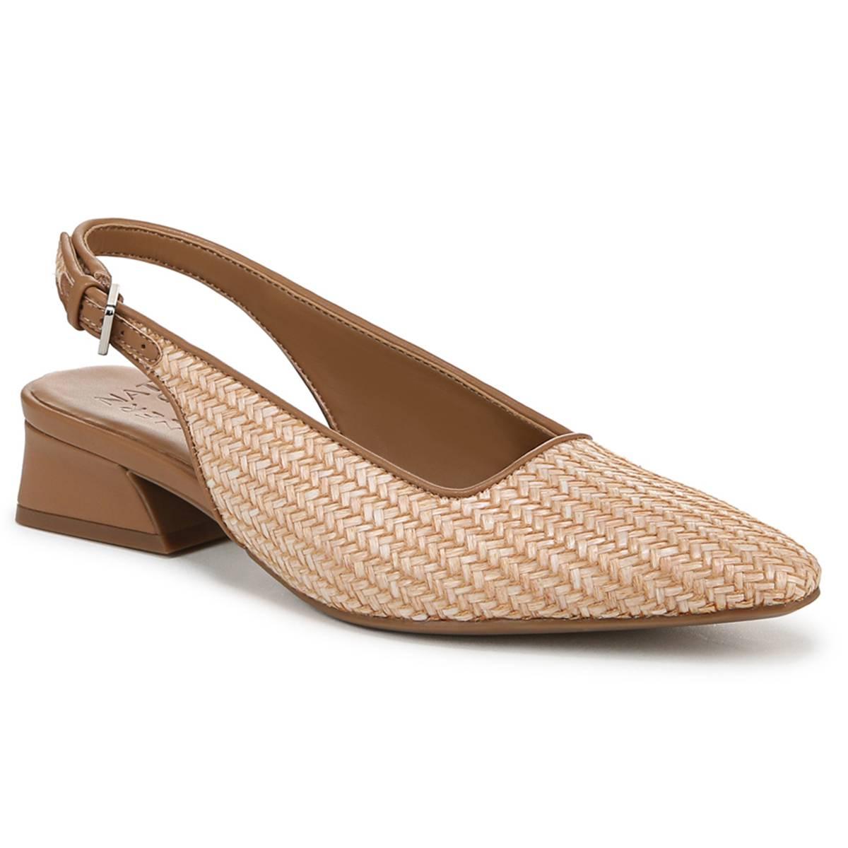 Naturalizer Womens Ginger 2 Snip Toe Asymmetrical Low Block Heel Slingbacks - Tan Woven Raffia/Faux Leather