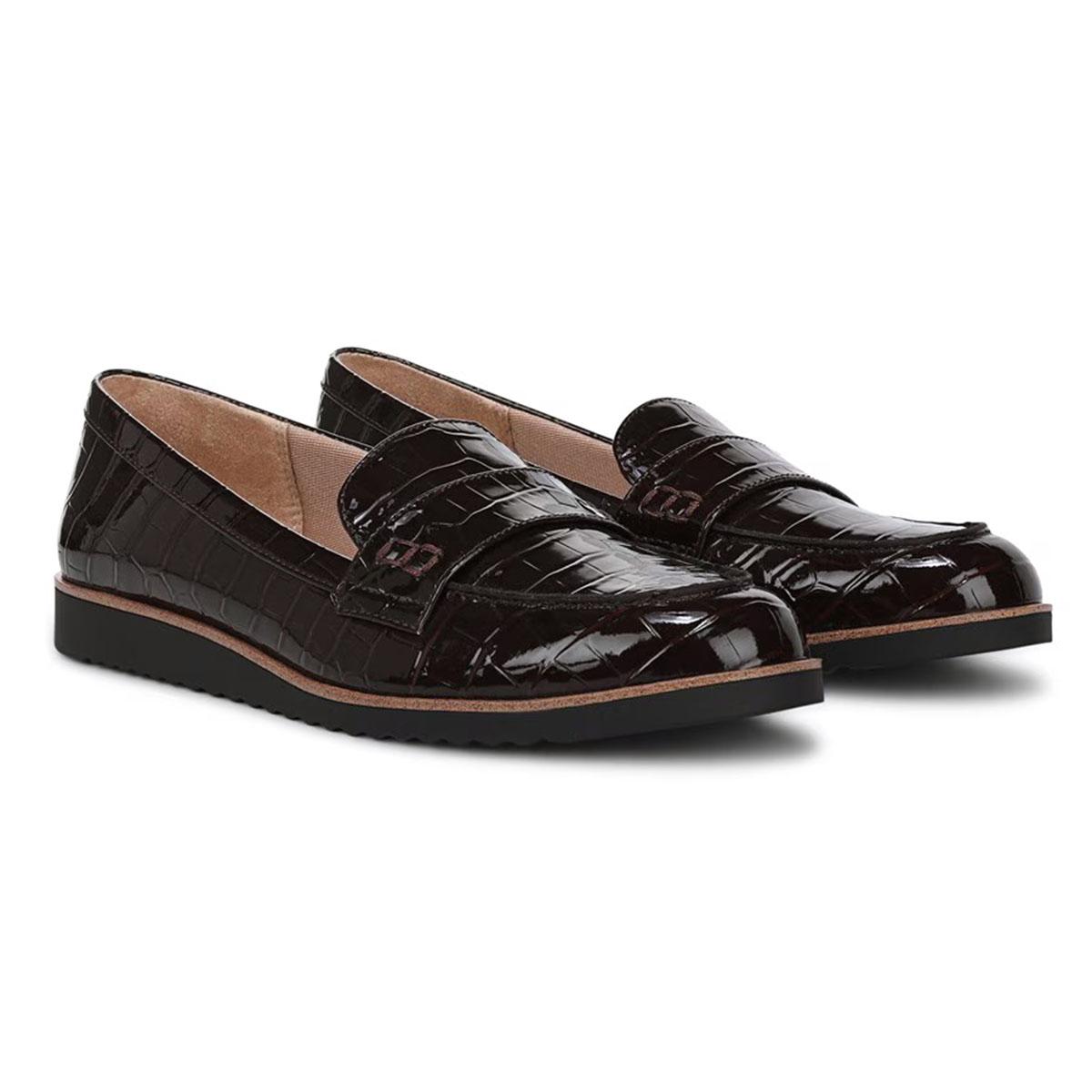 LifeStride Womens Zee Slip On Penny Loafers - Dark Chocolate Croc Faux Leather