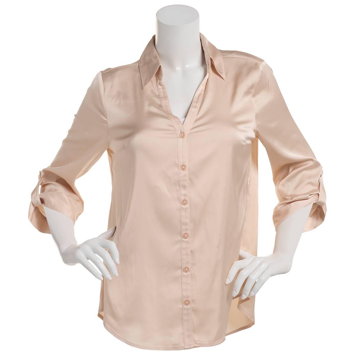 Bcx Juniors Stretch Satin Button-Up 3/4-Sleeve Top - Champagne