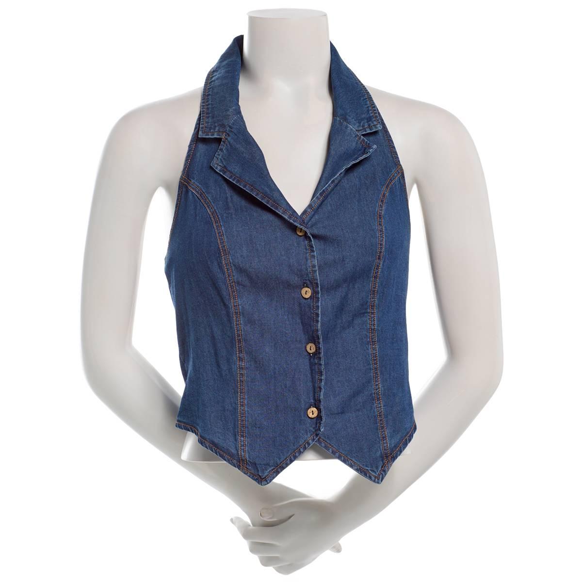 Click here for Juniors A. Byer Denim Button Up Collar Halter Vest prices