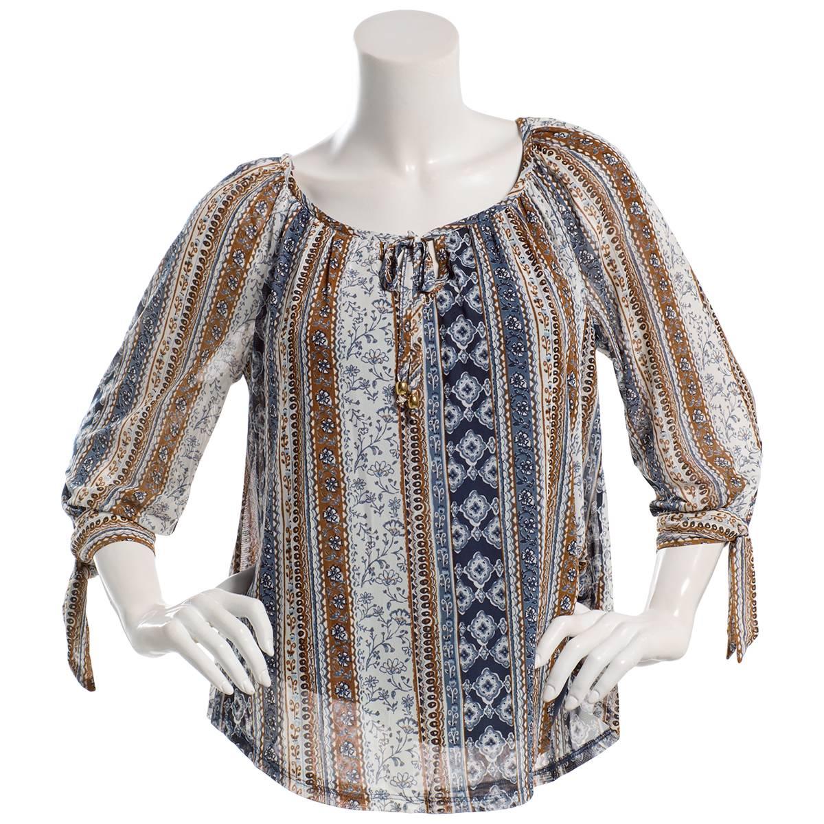 Click here for Juniors A. Byer Mix Print Mesh 3/4 Tie Sleeve Blou... prices
