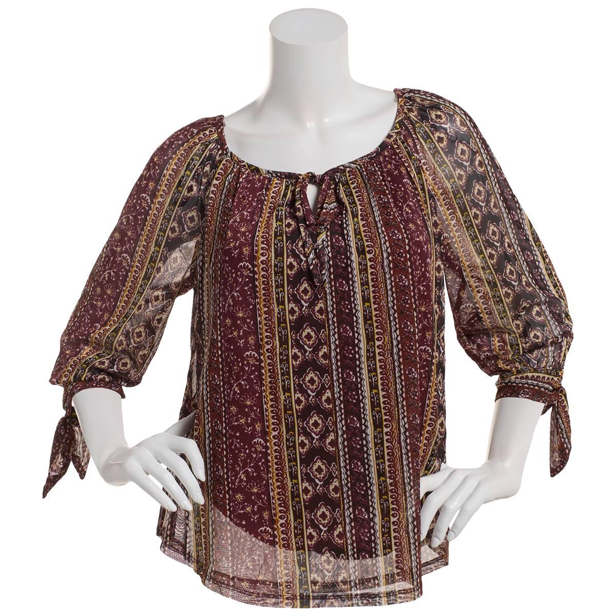 Juniors A. Byer Mesh Mix Print 3/4 Sleeve Peasant Blouse