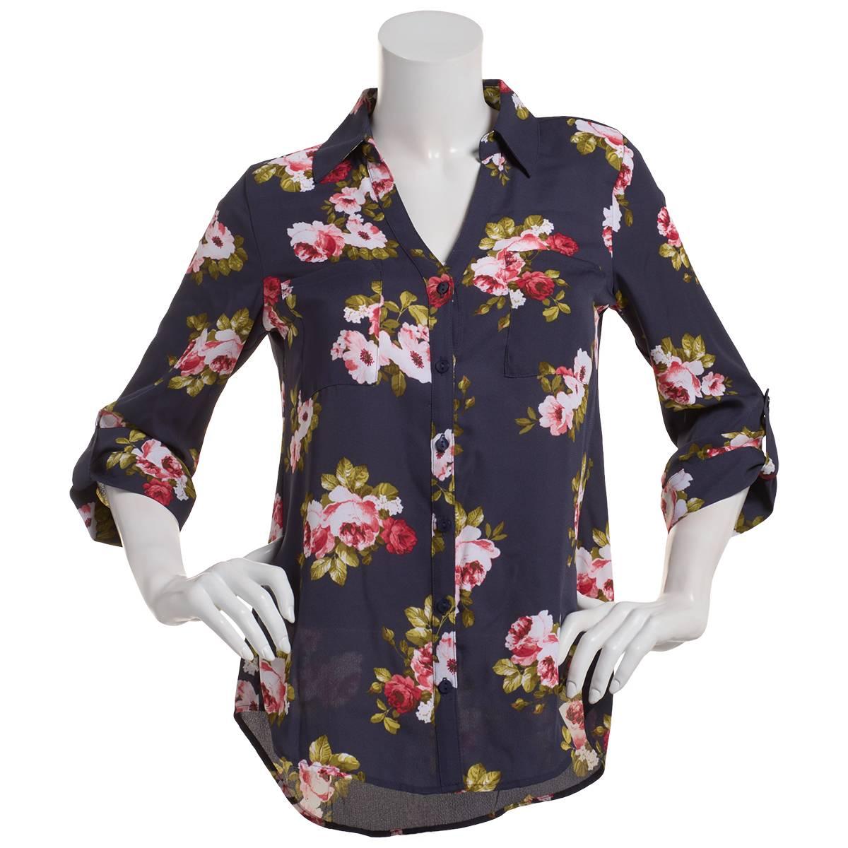 Bcx Juniors 3/4-Sleeve Printed Button-Front Blouse - Pat R