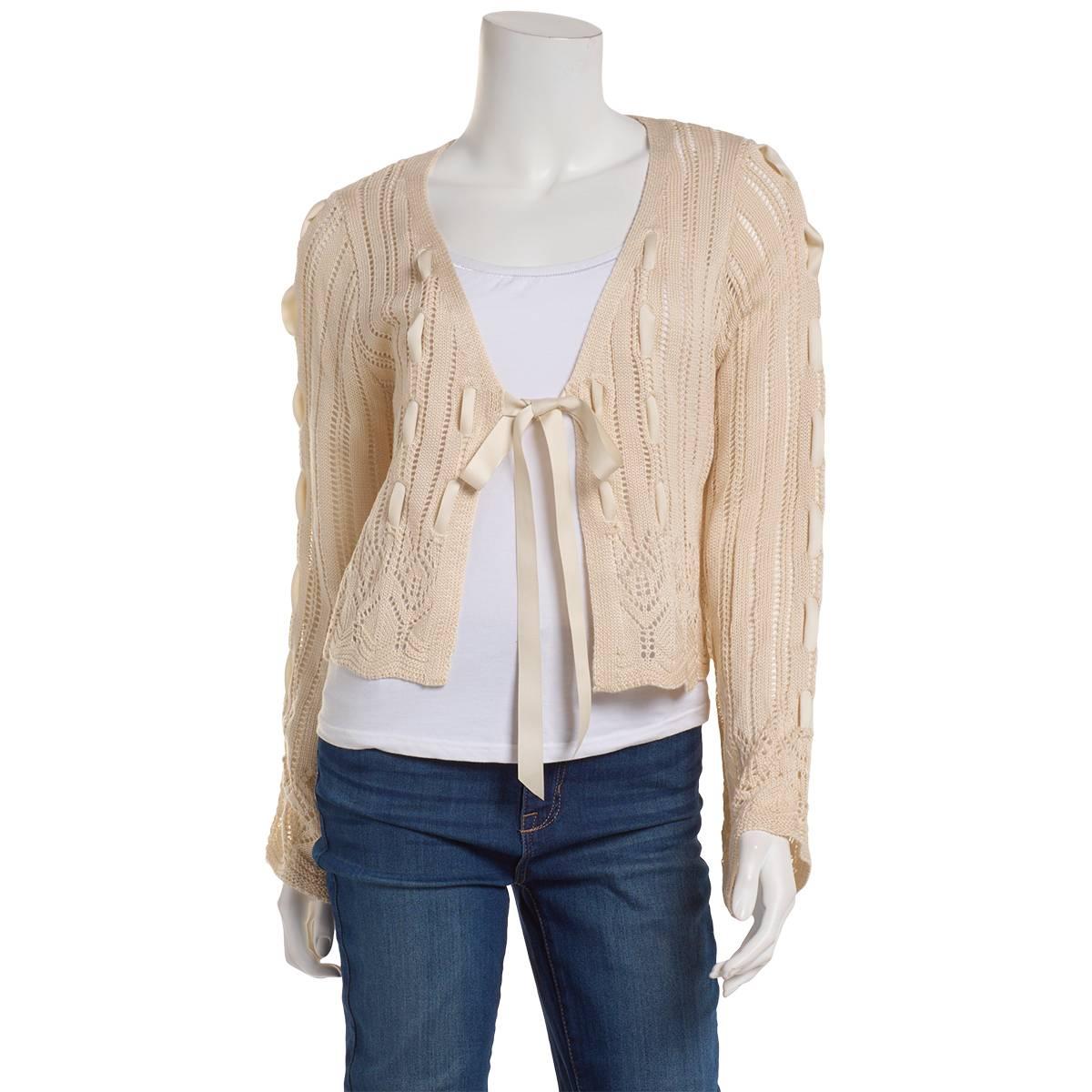 Bcx Juniors Tied Ribbon Knit Cardigan - Ivory