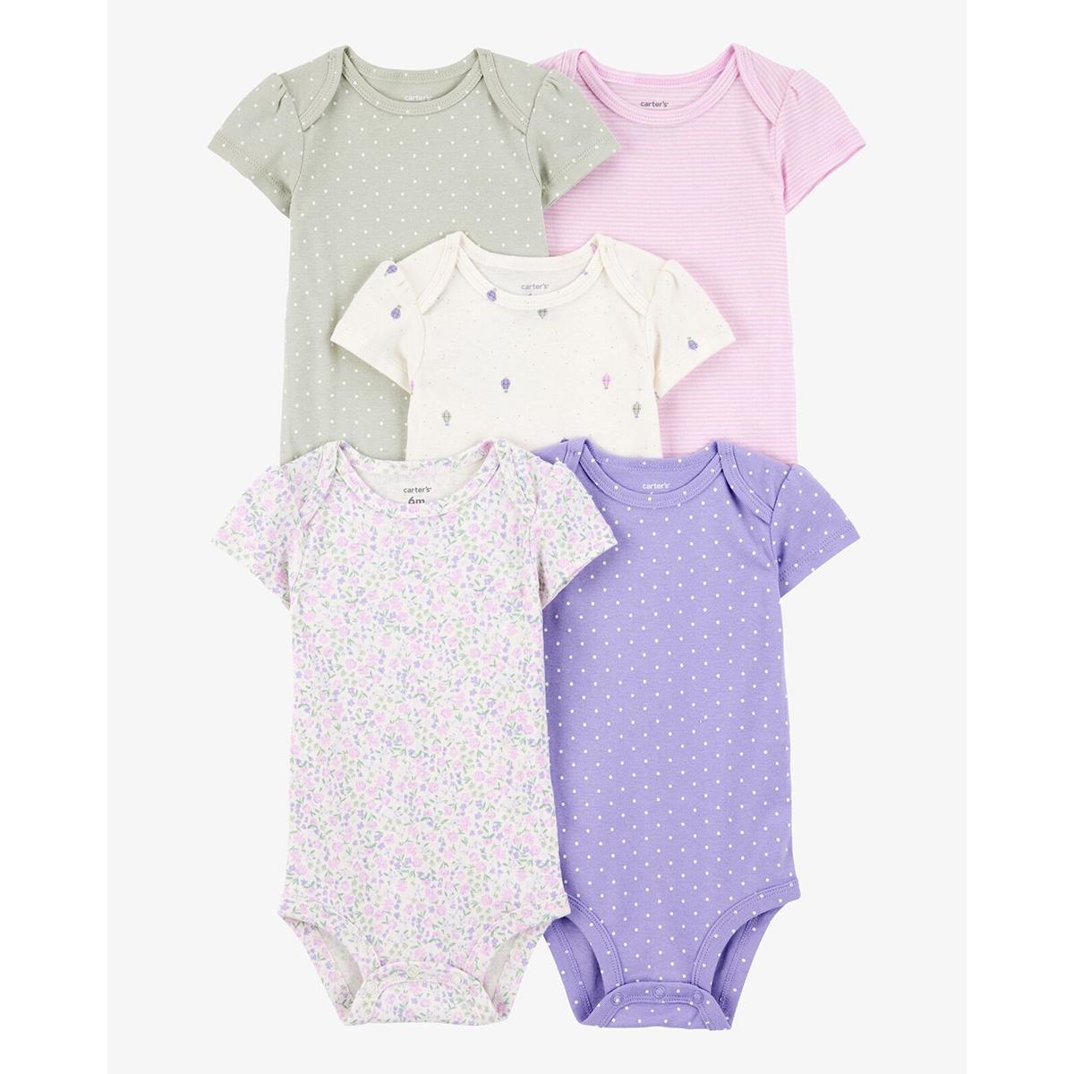Carters Baby Girls 5-Pk. Cotton Floral Polka-Dot Short-Sleeve Bodysuits - Pastels/Floral