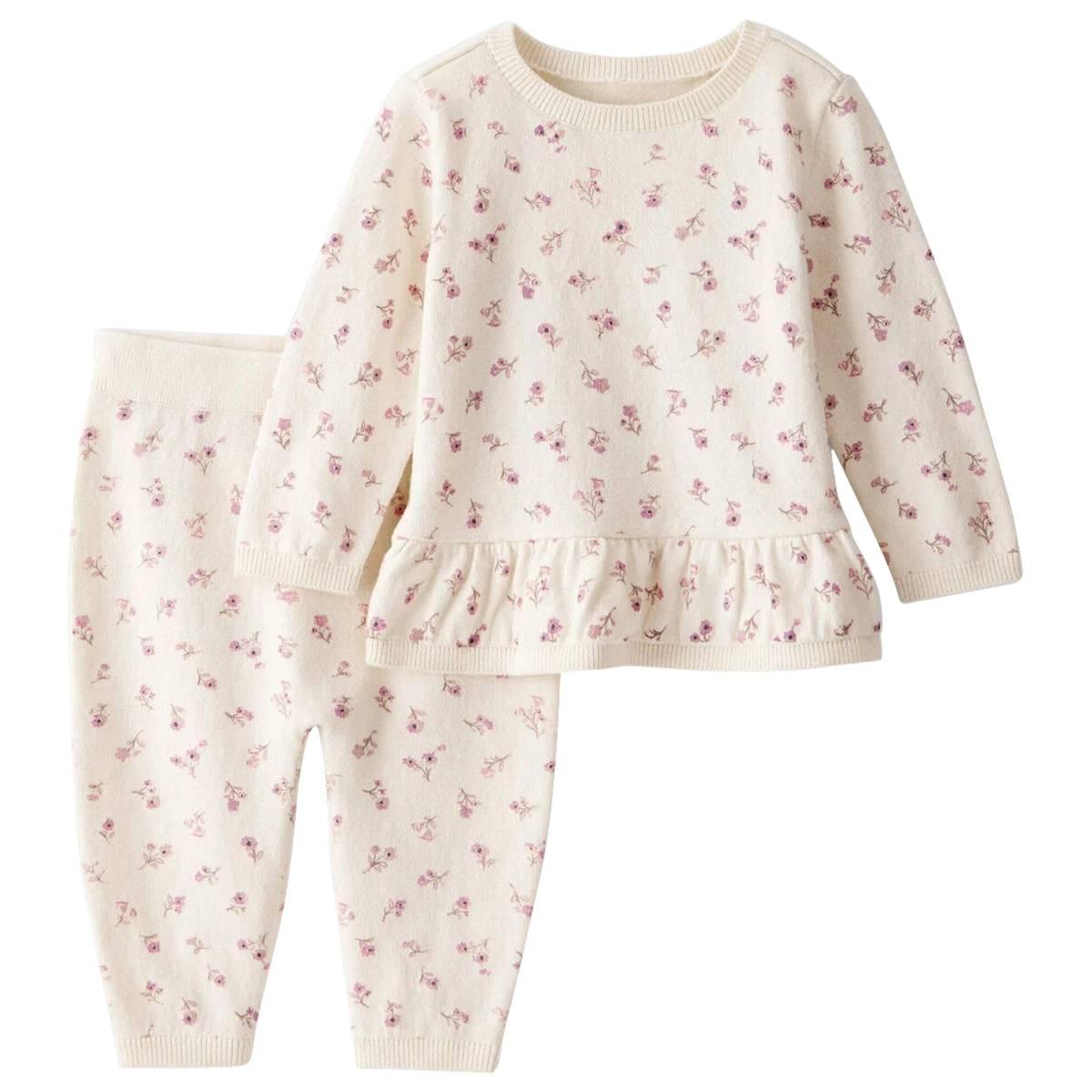 Carters Baby Girls Cotton Floral-Print Long-Sleeve T-Shirt & Pants  2 Piece Set - Cream