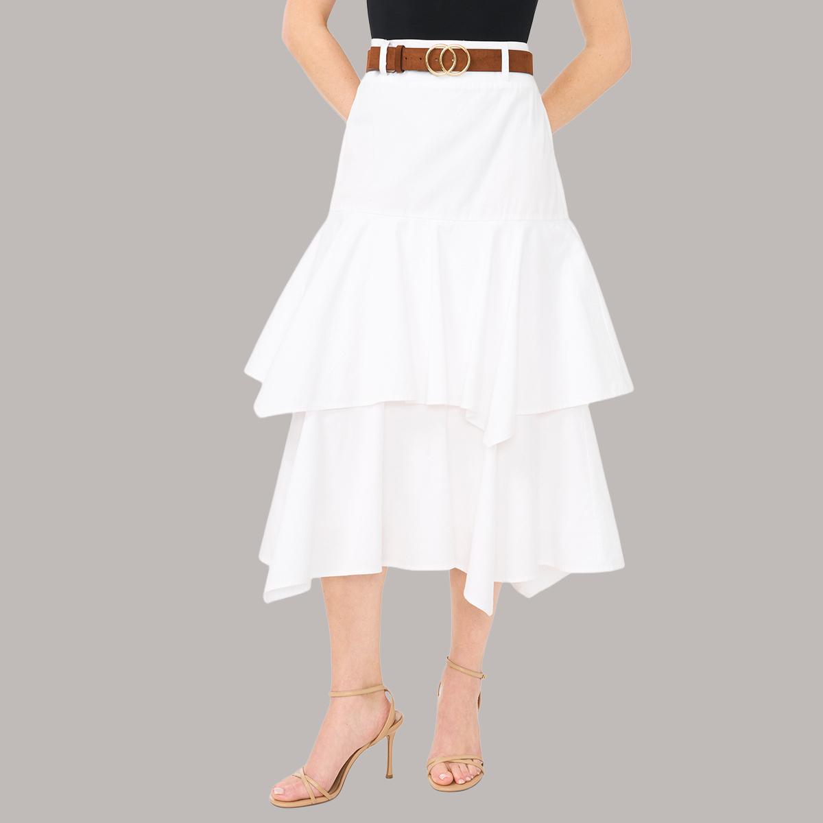 Click here for Womens Cece Solid Tiered Belted Midi Denim Skirt prices