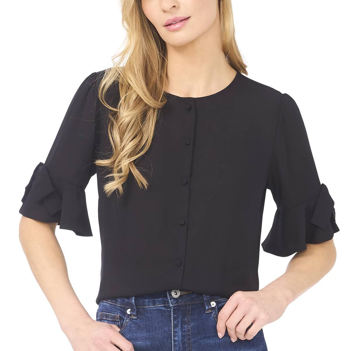 Click here for Womens Cece Short Flounce Sleeve Button Front Blou... prices