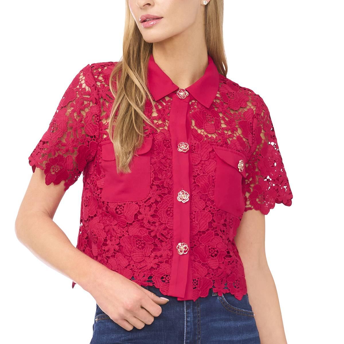 CeCe Womens Collared Neck Short-Sleeve Top - Rose Cerise