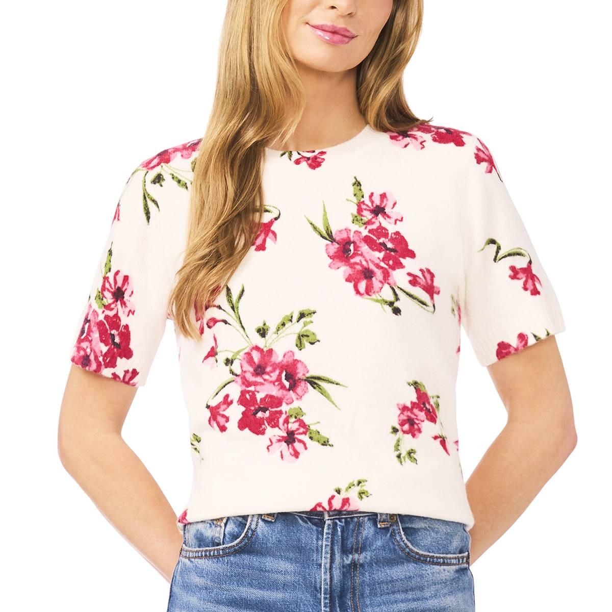 Click here for Womens Cece Short Sleeve Rib Floral Sweater prices
