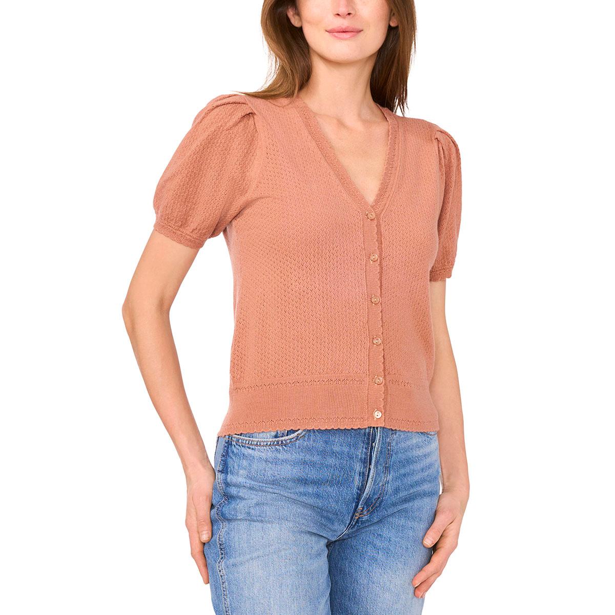 CeCe Womens Pointelle-Stitch Short-Sleeve V-Neck Cardigan - Mocha Mousse