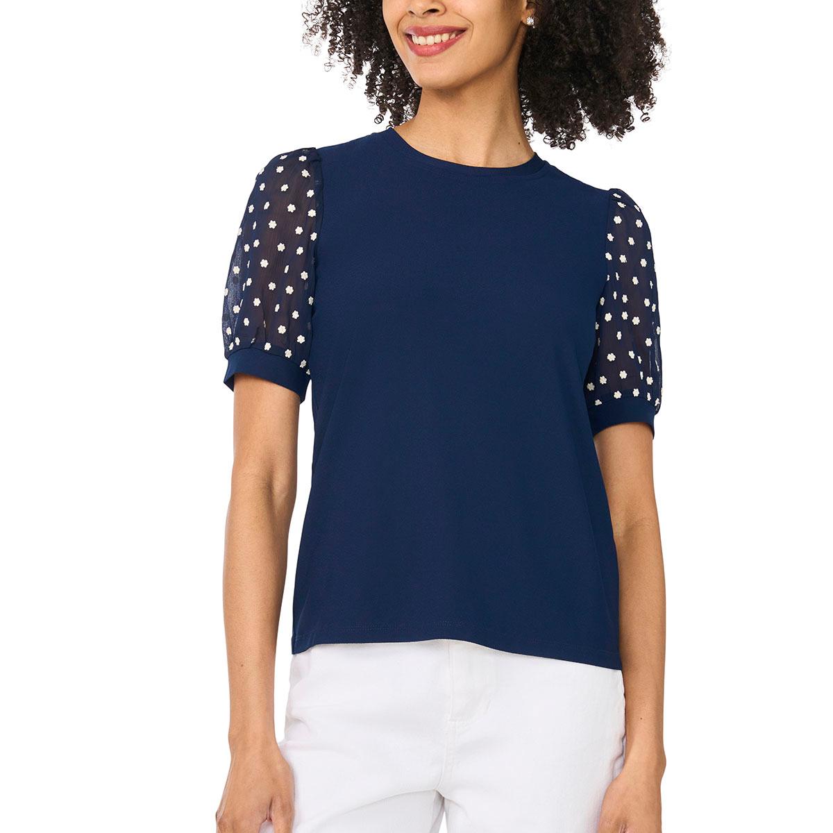 Click here for Womens Cece Short Dot Puff Sleeve Solid Blouse prices