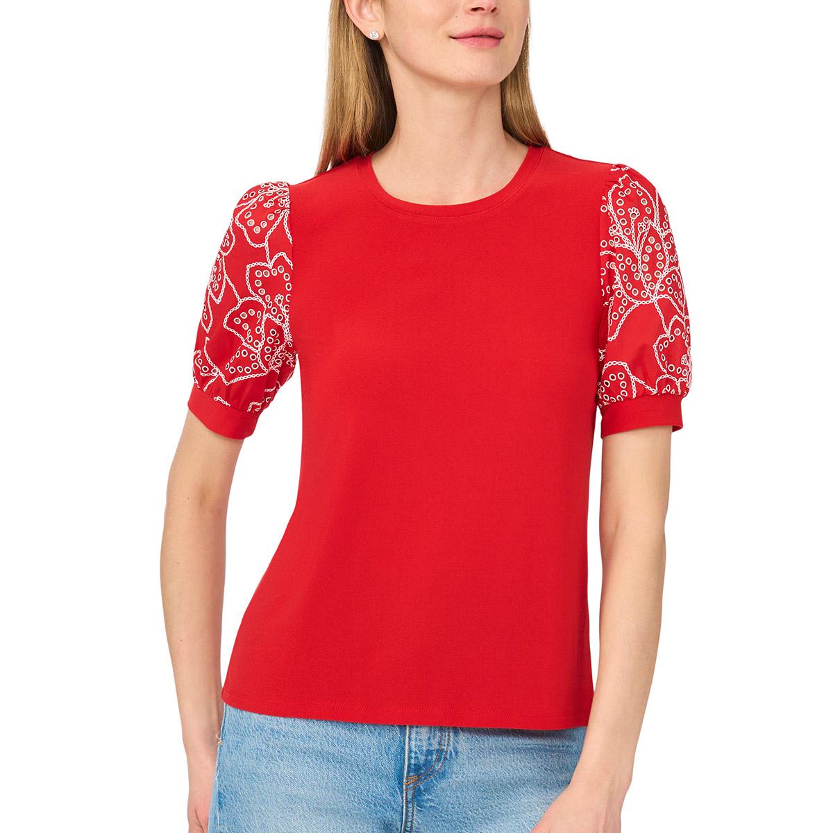 Click here for Womens Cece Short Eyelet Puff Sleeve Solid Blouse prices