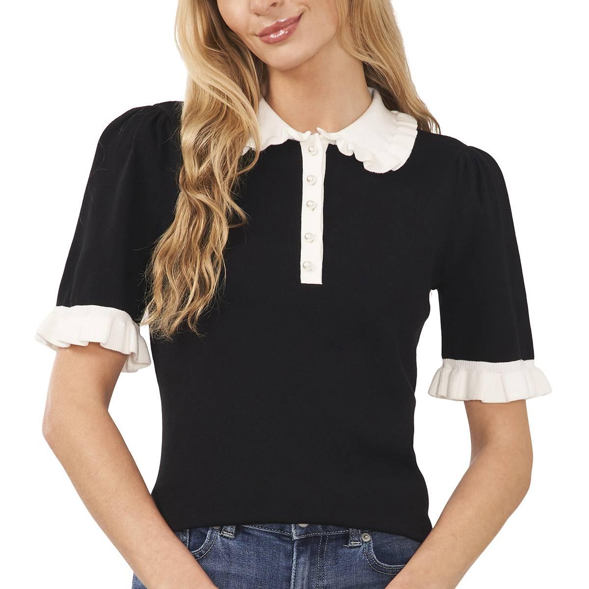 CeCe Womens Cotton Ruffle-Collar Short-Sleeve Top - Rich Black