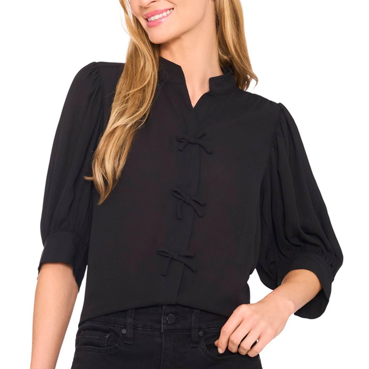 CeCe Womens Mutton Sleeve Bow Placket Top - Rich Black