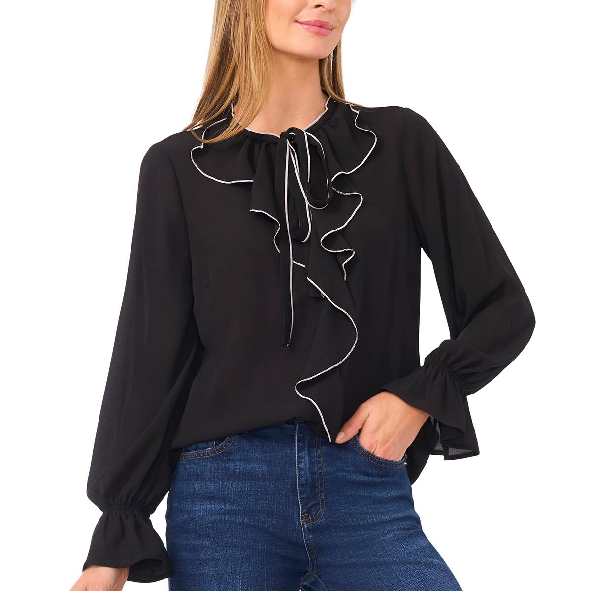 Click here for Womens Cece Long Poet Sleeve Ruffle Front Blouse prices