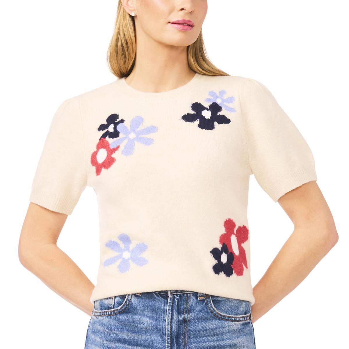 CeCe Womens Crewneck Flower Patterned Knit Short-Sleeve Sweater - Oatmeal