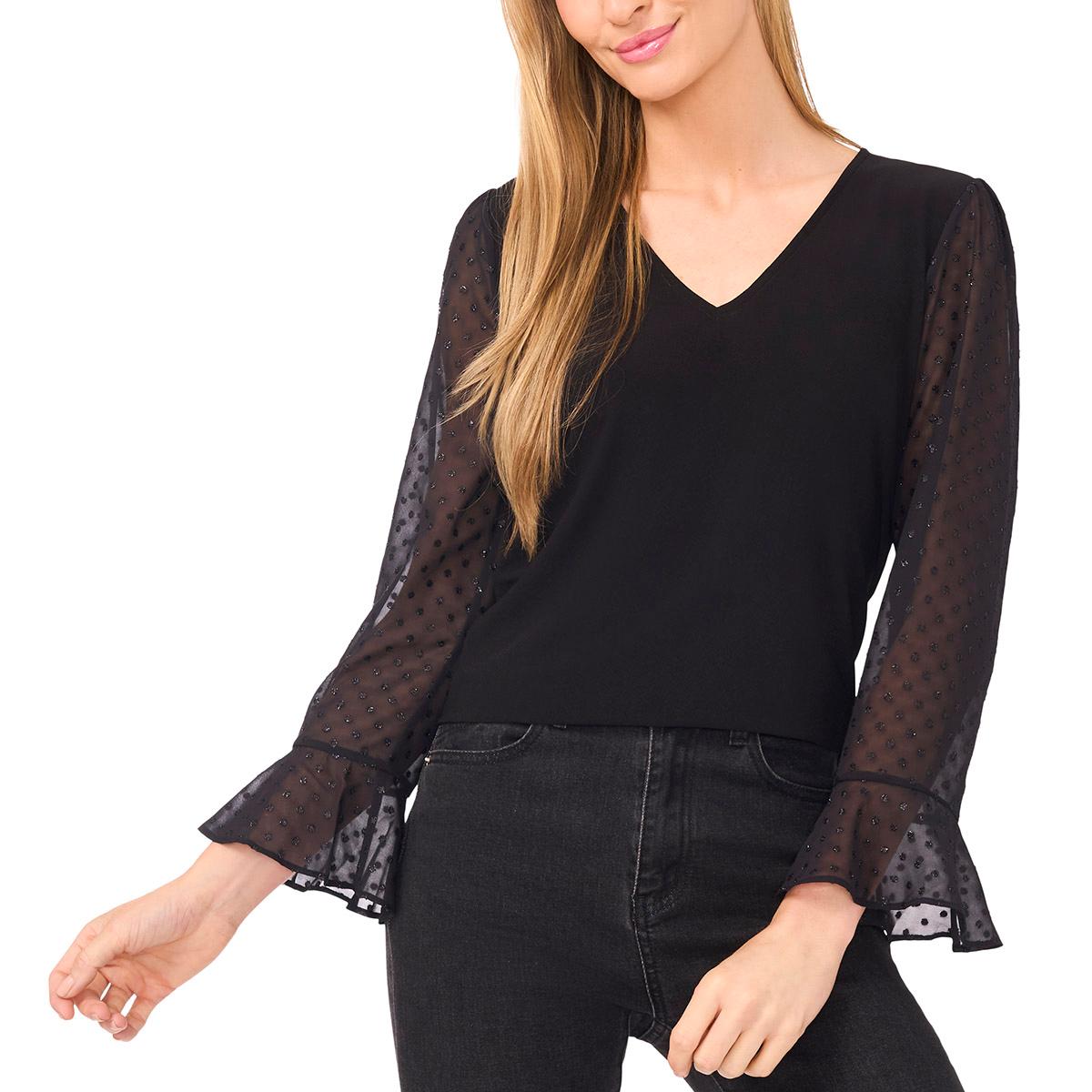 Click here for Womens Cece 3/4 Dot Flounce Sleeve V Neck Blouse prices