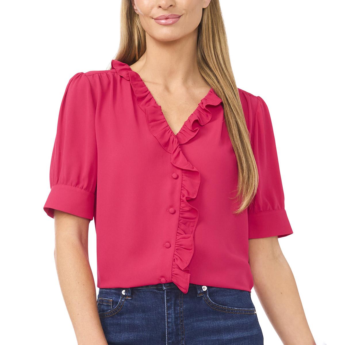 Click here for Womens Cece Short Puff Sleeve Ruffle Button Front... prices