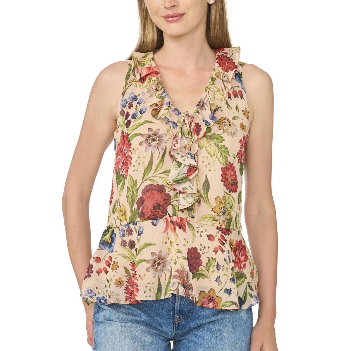 Click here for Womens Cece Sleeveless Ruffle Tie Front Floral Pep... prices