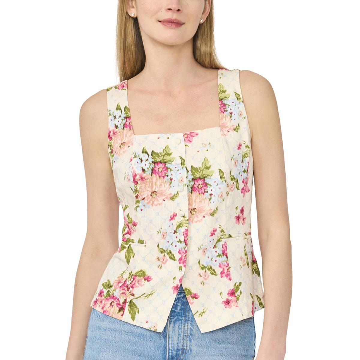 Click here for Womens Cece Square Neck Button Up Floral Vest prices