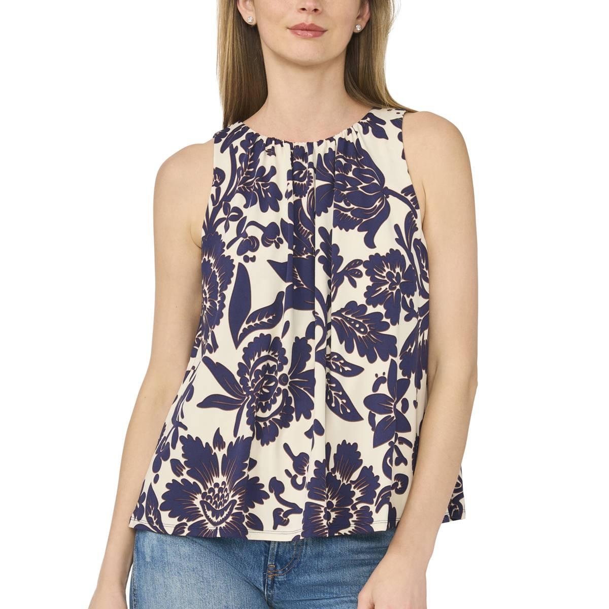 Click here for Womens Cece Sleeveless Pleated Neck Floral Blouse prices