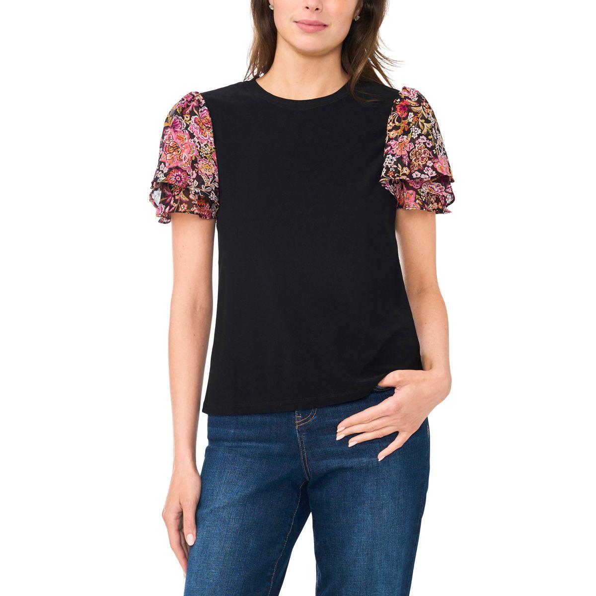 Click here for Womens Cece Short Layered Floral Sleeve Blouse prices