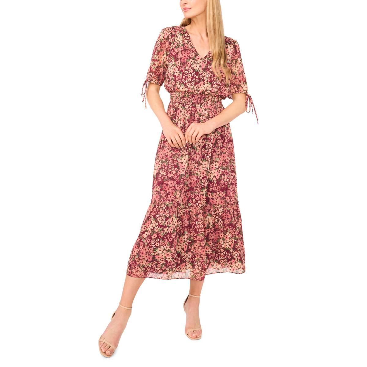 Womens Cece Tie Short Sleeve Floral Smock Waist Midi Dress