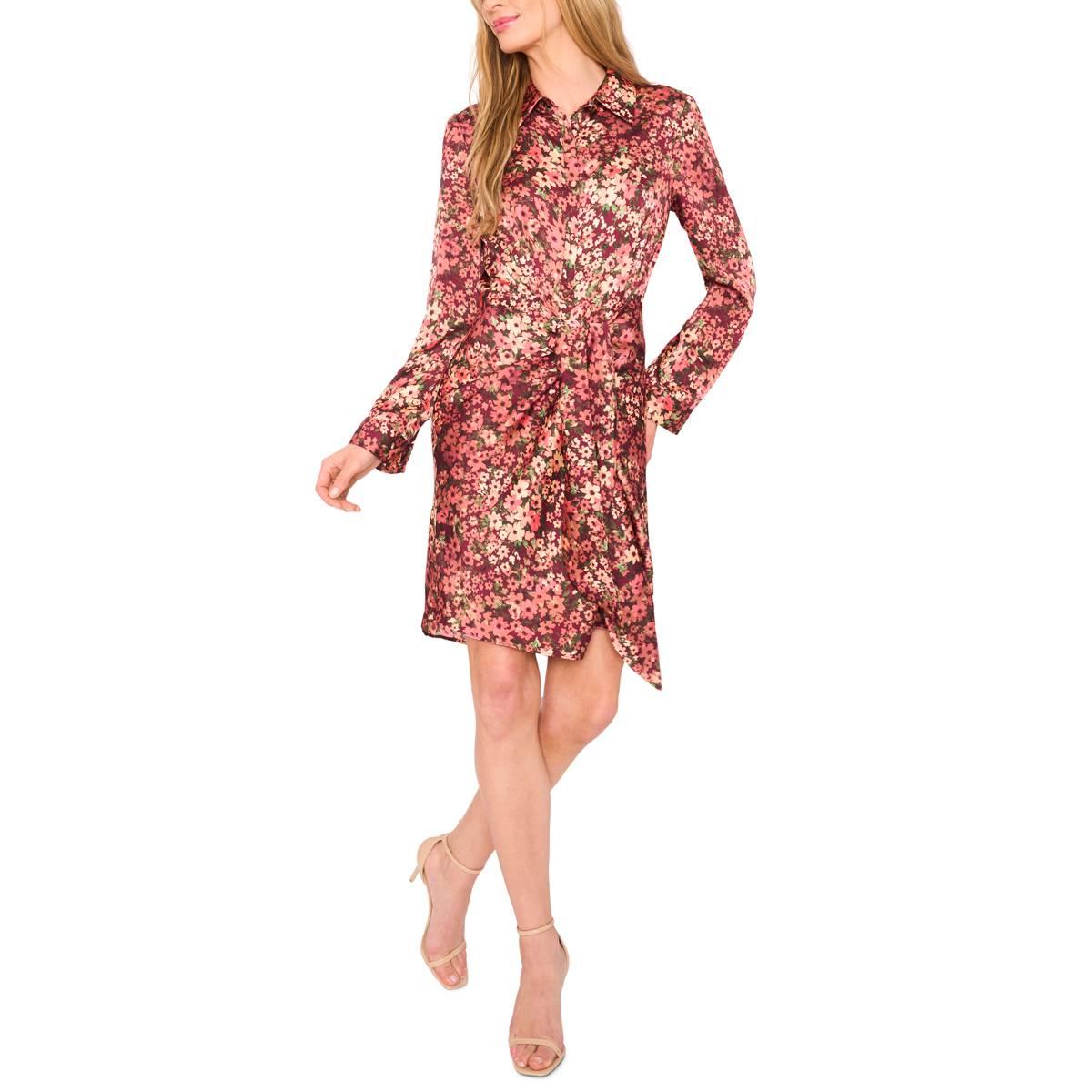 CeCe Floral Print Tie Front Shirtdress