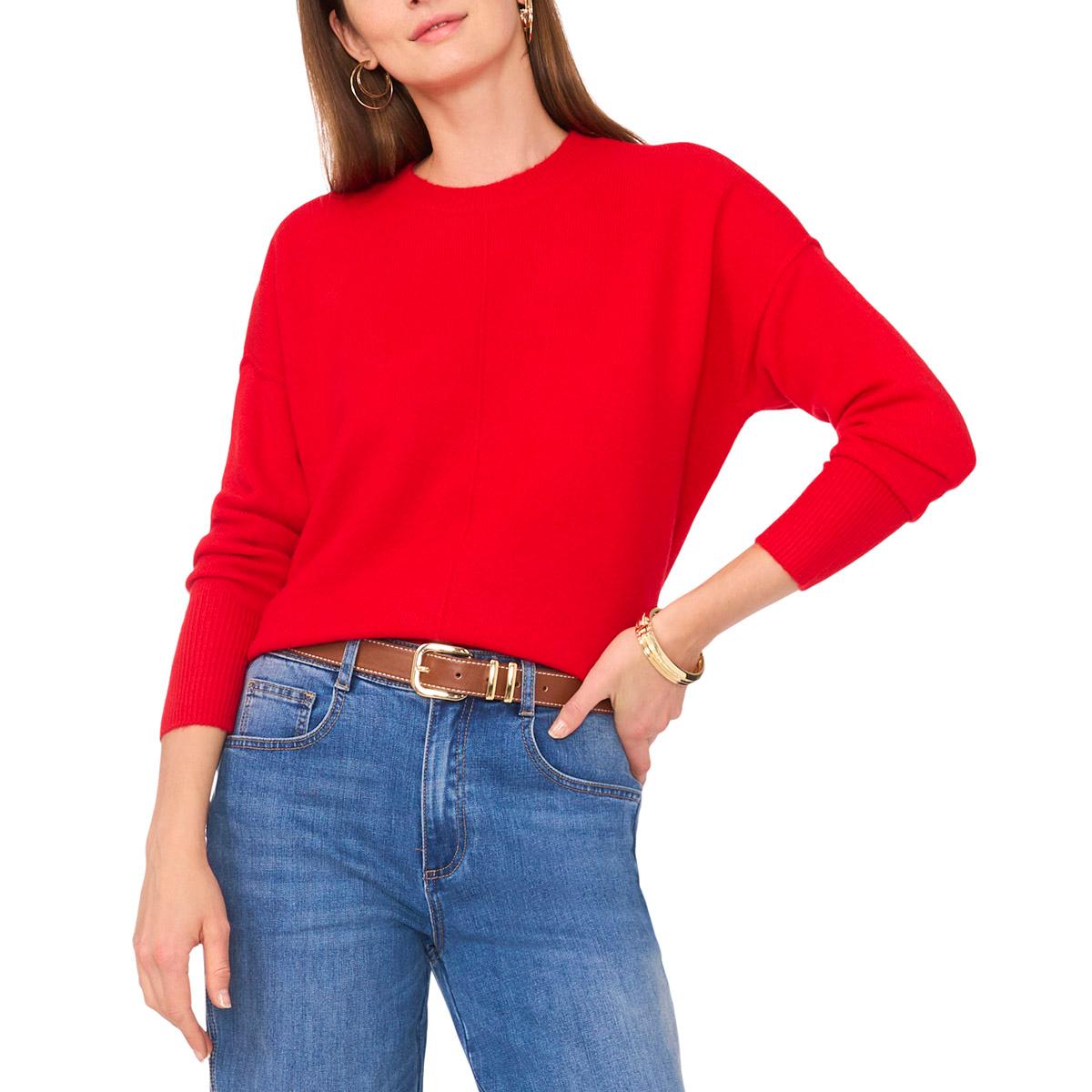 Vince Camuto Womens Cozy Crewneck Long-Sleeve Extend-Shoulder Sweater - Chocolate