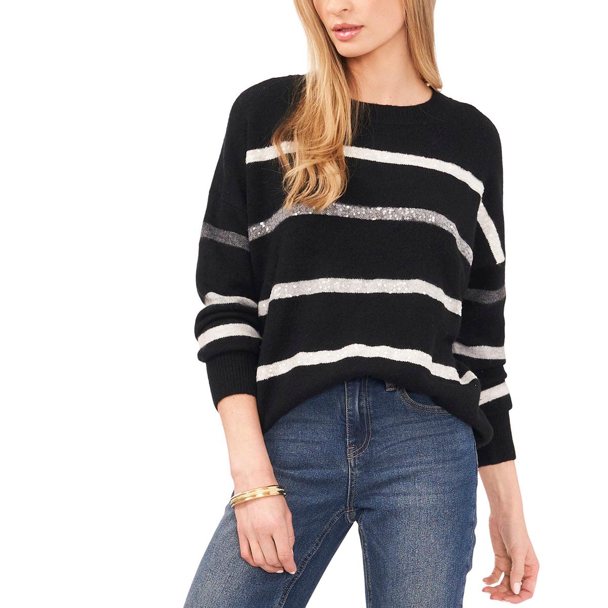Vince Camuto Womens Cozy Crewneck Sequin-Stripe Long-Sleeve Sweater - Rich Black