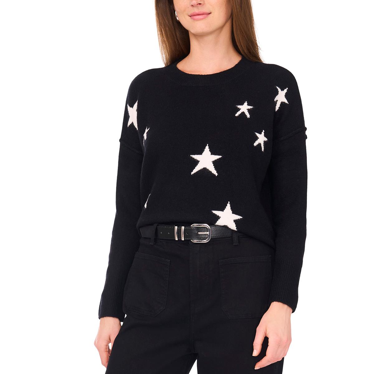 Vince Camuto Womens Cozy Crewneck Star-Print Dropped-Shoulder Sweater - Classic Navy