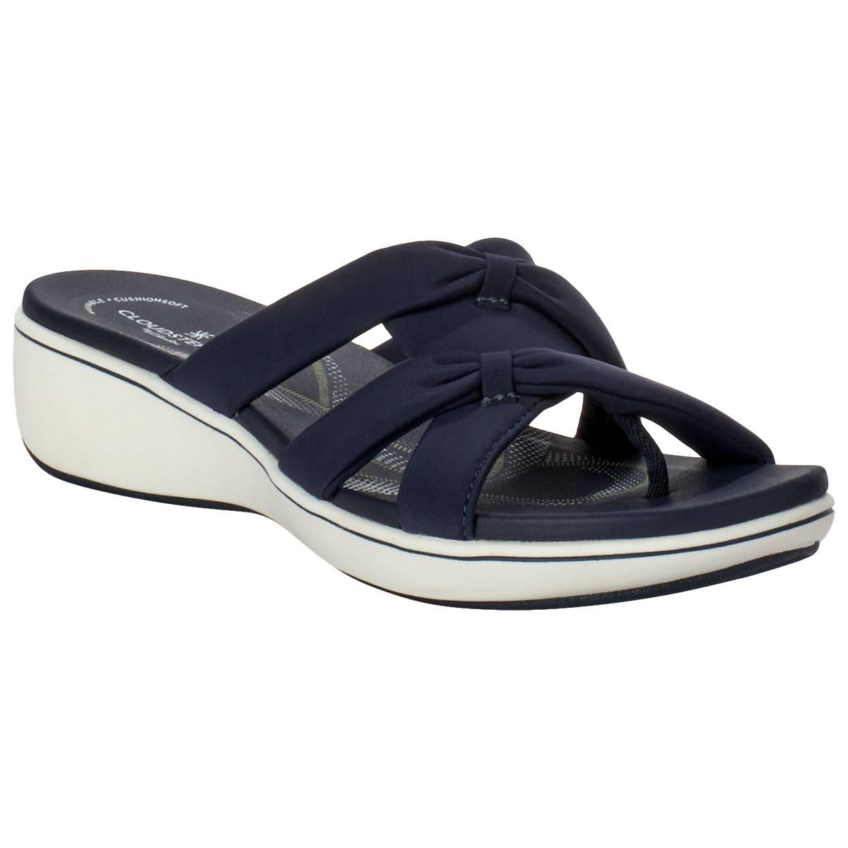 Clarks Cloudsteppers Womens Breeze Rae Cam Slip-On Flat Sandals - Navy Textile