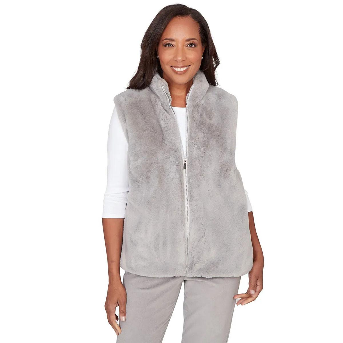 Alfred Dunner Womens Stockbridge Plush Faux Fur Zip Front Vest Jacket - Light Pewter
