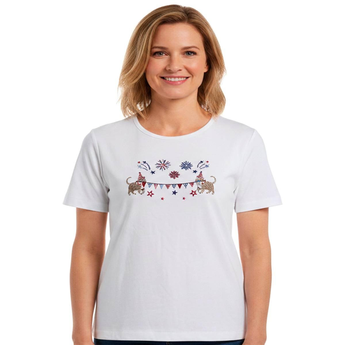 Click here for Petite Bonnie Evans Short Sleeve Patriotic Cat Tee prices