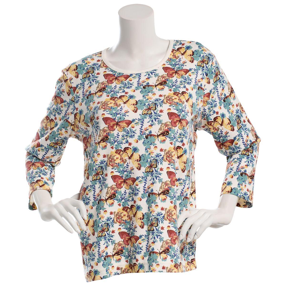 Click here for Petite Bonnie Evans 3/4 Sleeve Round Neck Butterfl... prices