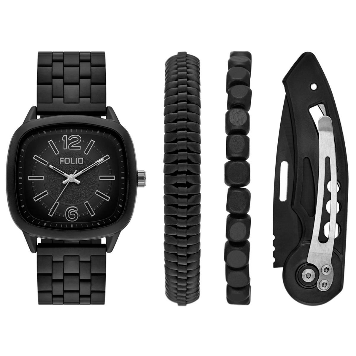 Click here for Mens Folio Black Dial Watch/Bracelet/Multi-Tool Se... prices