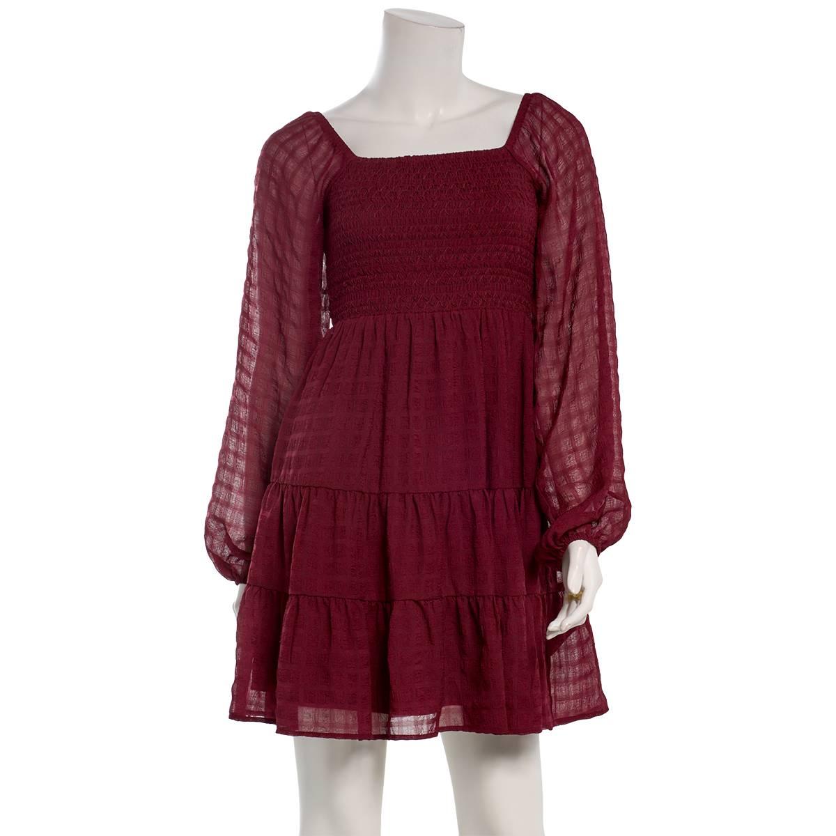 Click here for Juniors Jolt Long Sleeve Textured Chiffon Skater D... prices