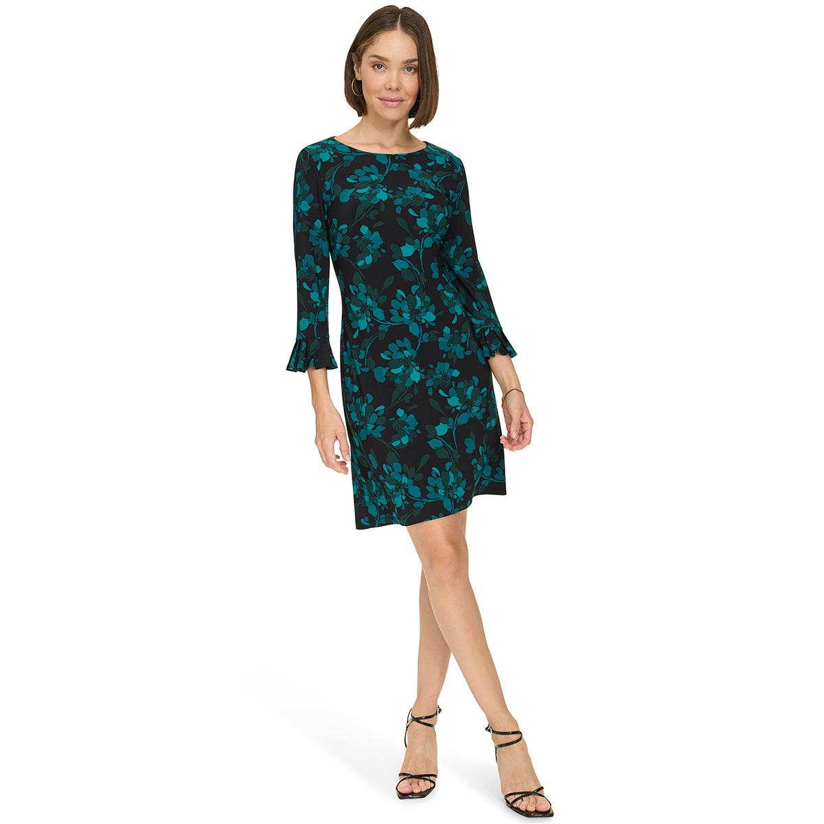 Tommy Hilfiger Womens Ruffled-Cuff 3/4-Sleeve Dress - Cypress Multi
