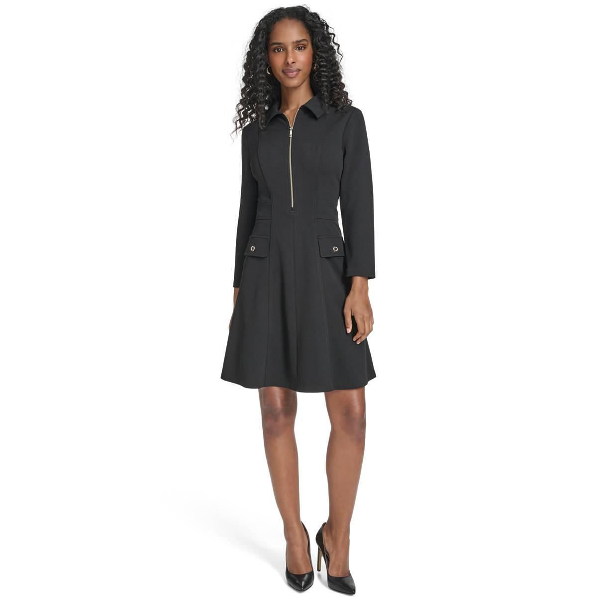 Tommy Hilfiger Womens Zip-Front Fit and Flare Dress - Black