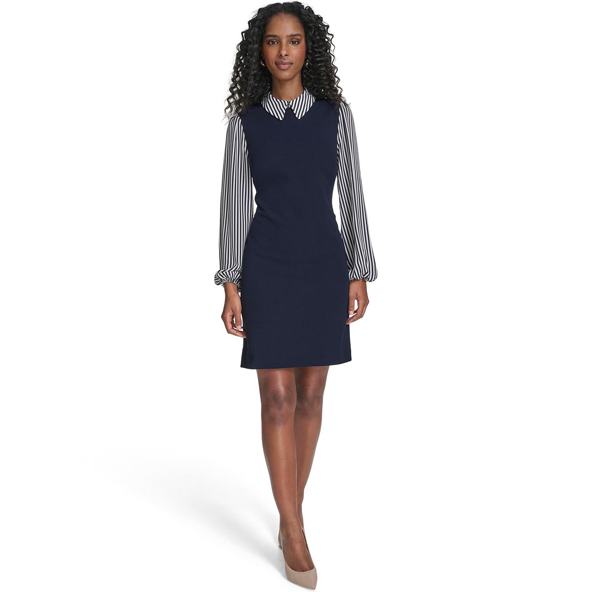 Tommy Hilfiger Womens Striped Collared Short Dress - Sky Captain/Ivory