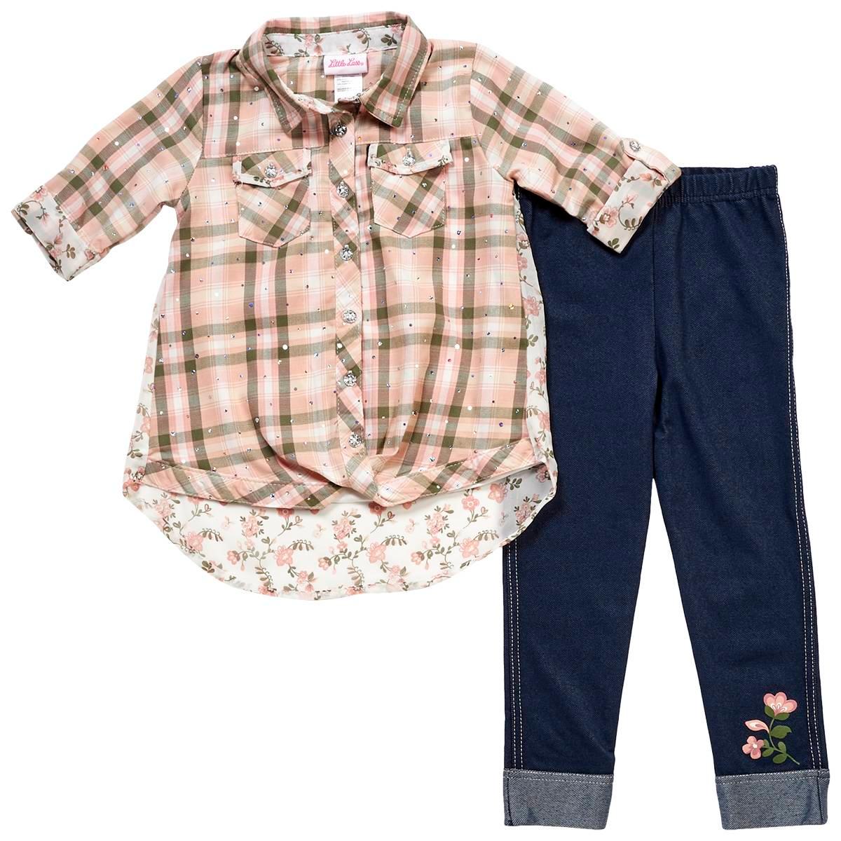 Click here for Girls (4-6x) Little Lass(R) Plaid Floral Tee & Jeg... prices